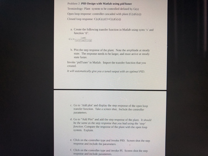 Solved Problem 2: PID Design with Matlab using pid Tuner | Chegg.com