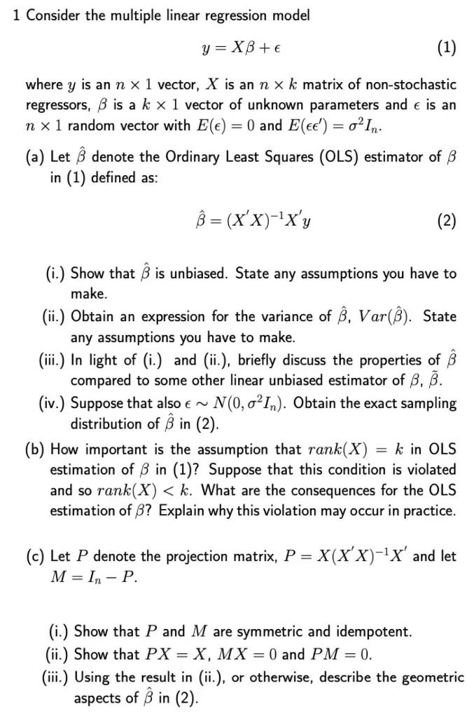 Solved 1 Consider the multiple linear regression model y = | Chegg.com