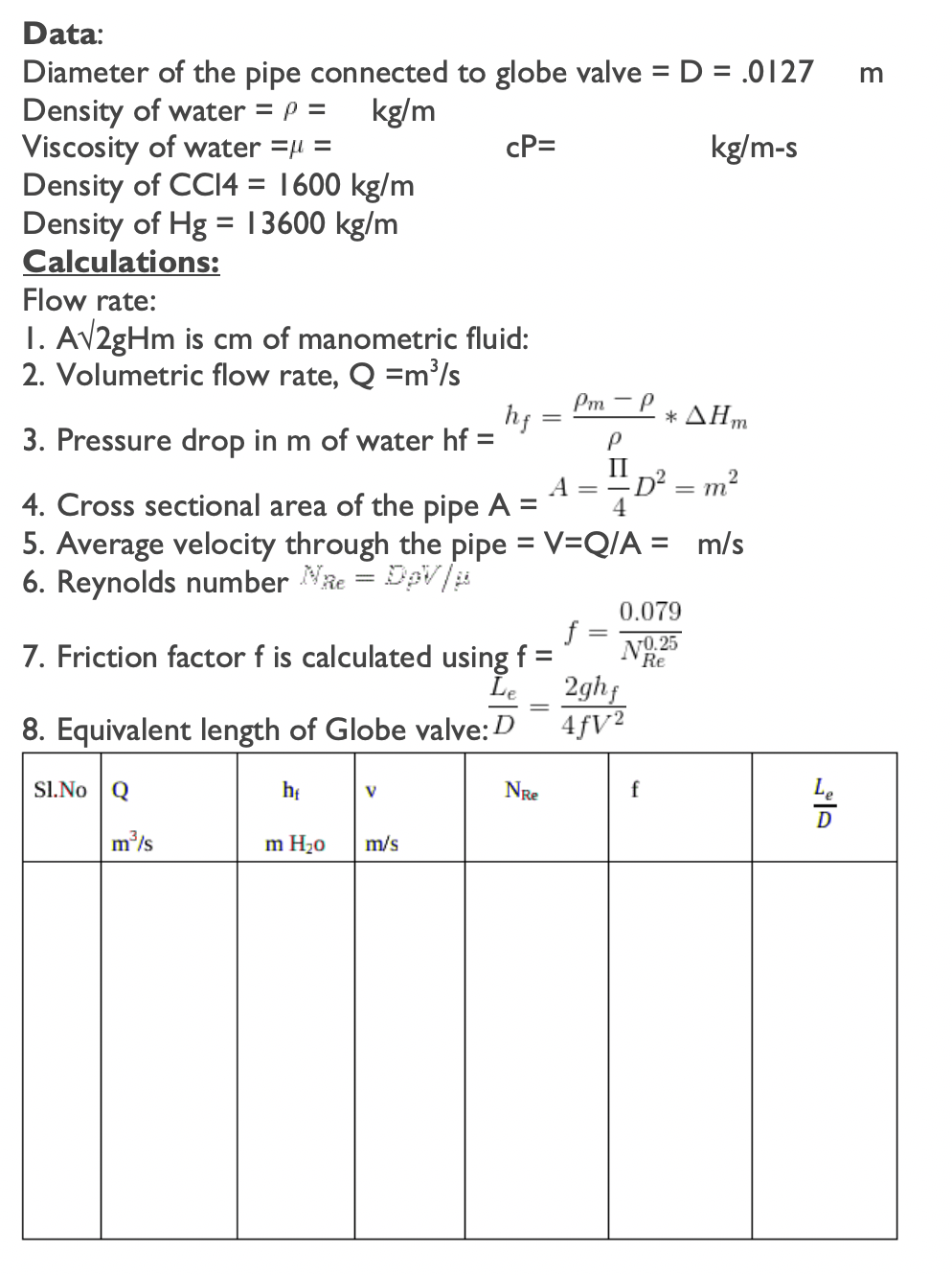 Solved Observations Process Fluid Manometric Fluid Flowrate | Chegg.com