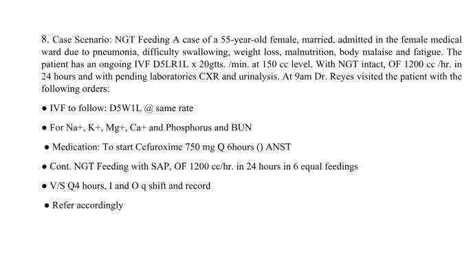 Solved 8. Case Scenario: NGT Feeding A case of a 55-year-old | Chegg.com