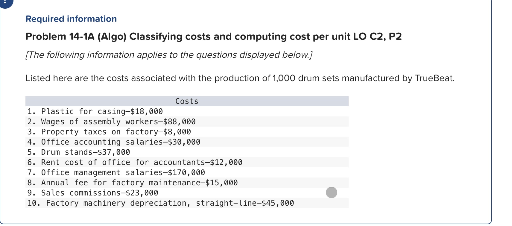 Solved Problem 14-1A (Algo) Classifying costs and computing | Chegg.com
