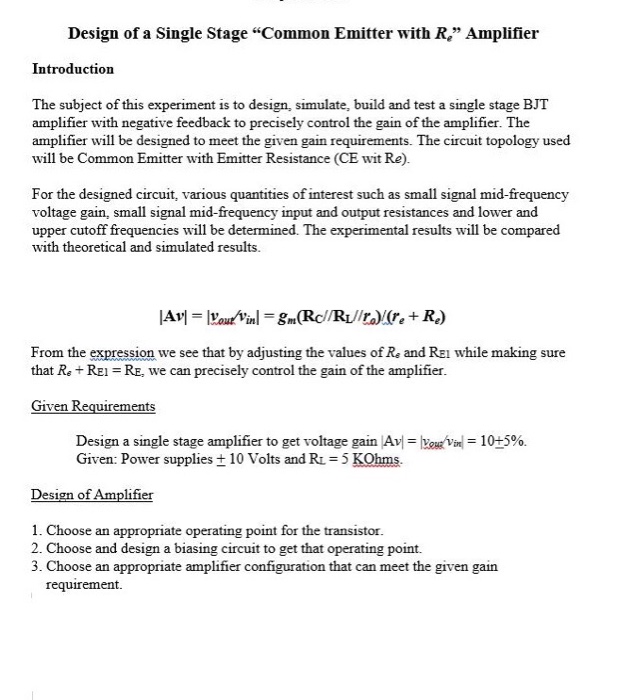 Solved Design of a Single Stage "Common Emitter with Ra" | Chegg.com
