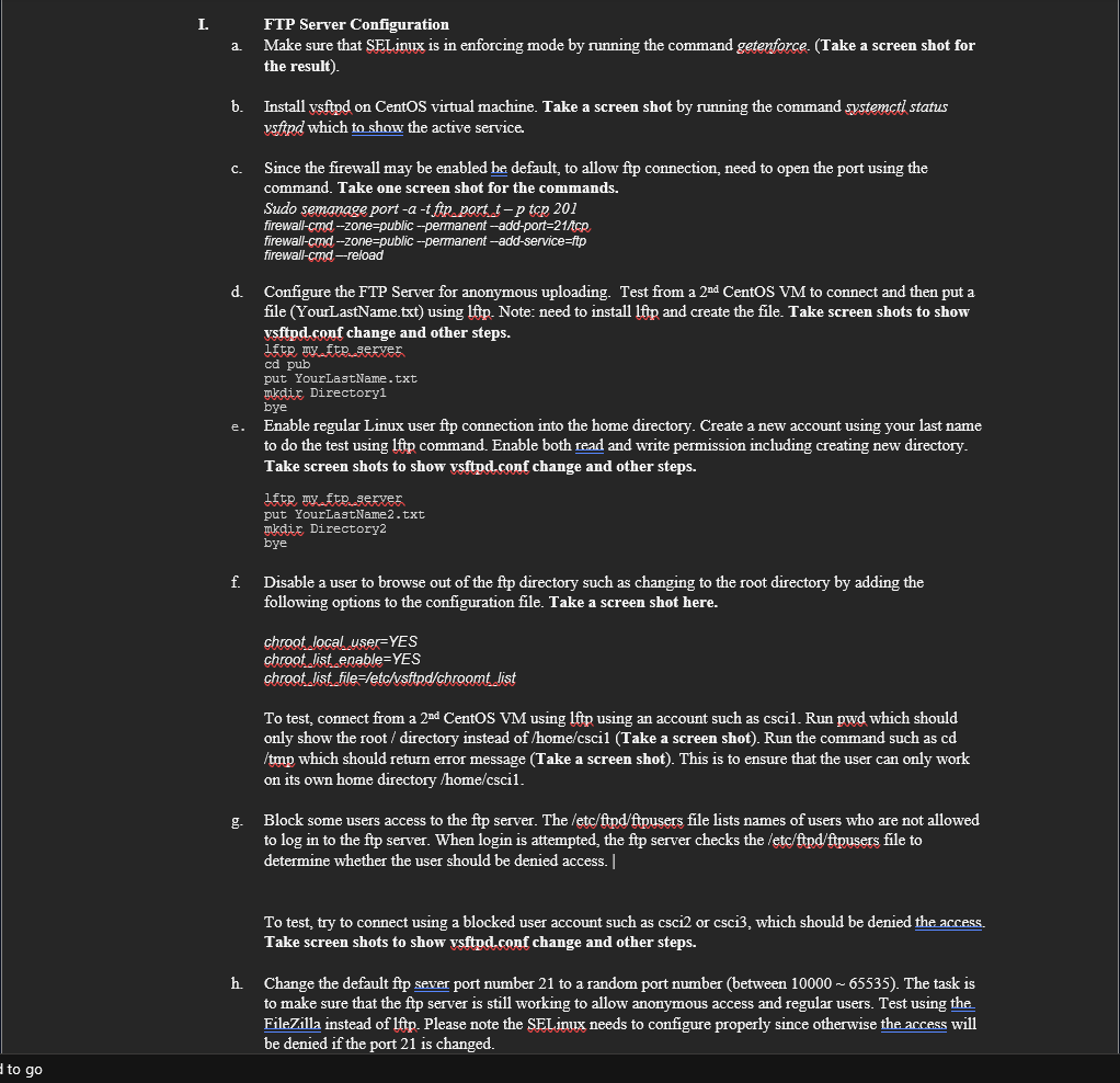 Solved I. FTP Server Configurationa. ﻿Make sure that SELinux | Chegg.com