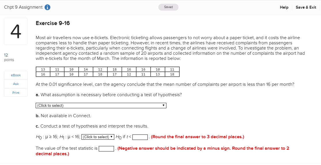 Solved Chpt 9 Assignment i Saved Help Save & Exit Exercise | Chegg.com