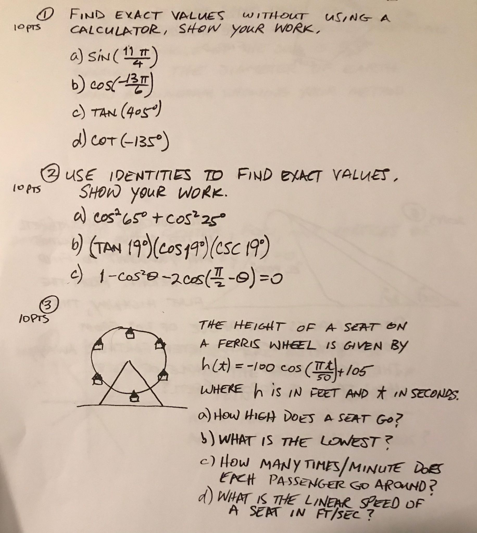 Solved (1) FIND EXACT VALUES WITHOUT USING A lopis | Chegg.com