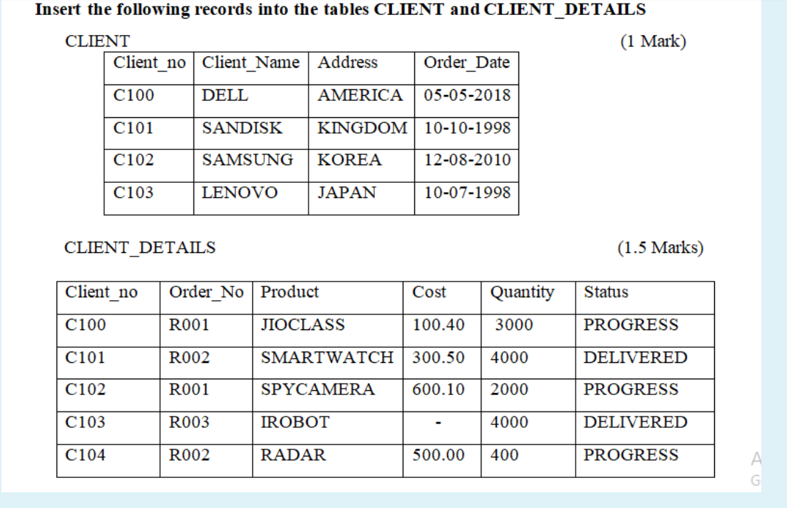 Solved Insert the following records into the tables CLIENT | Chegg.com