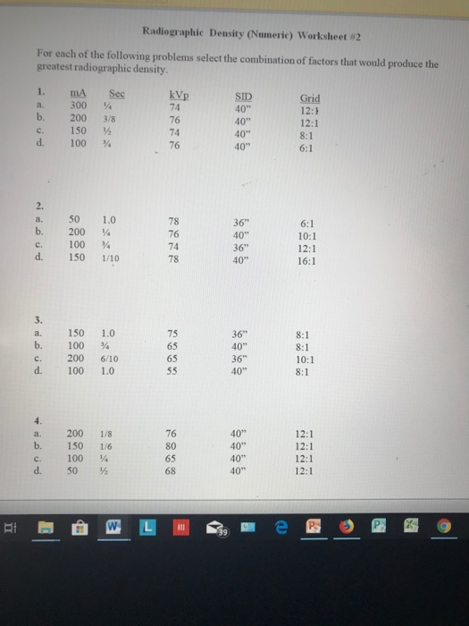 Solved Radiographic Density (Nurneric) worksheet #2 For each | Chegg.com