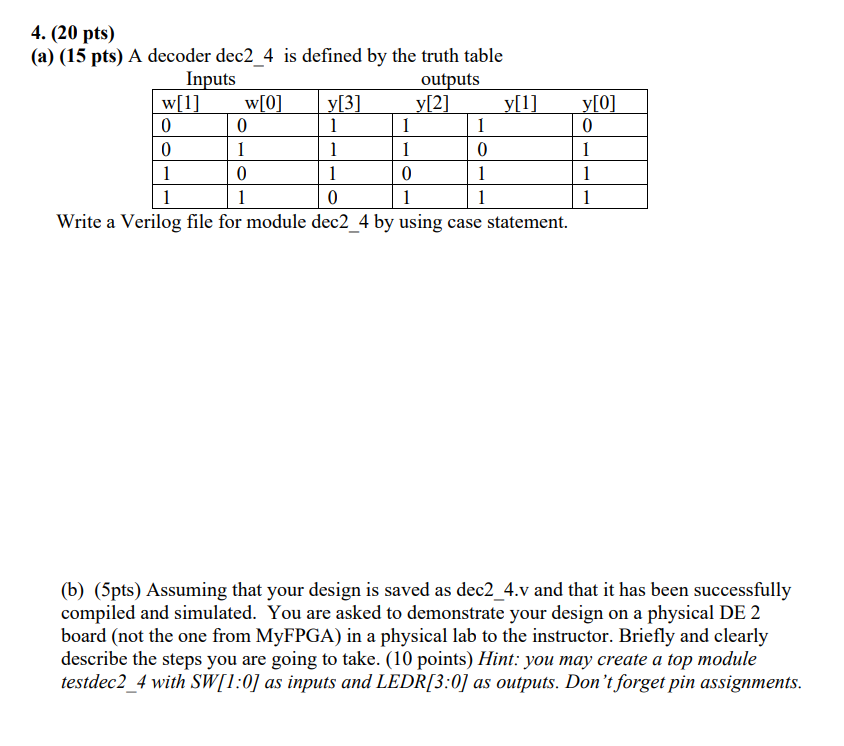 4. (20 pts) (a) (15 pts) A decoder dec2_4 is defined | Chegg.com