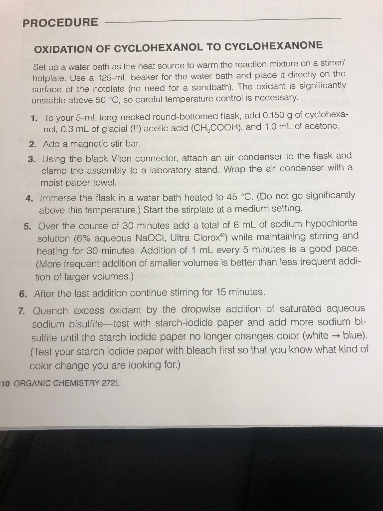 PROCEDURE OXIDATION OF CYCLOHEXANOL TO CYCLOHEXANONE | Chegg.com