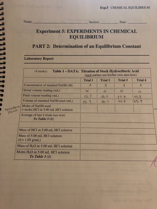 Solved Exp.5 CHEMICAL EQUILIBRIUM Name: Section: Date: | Chegg.com