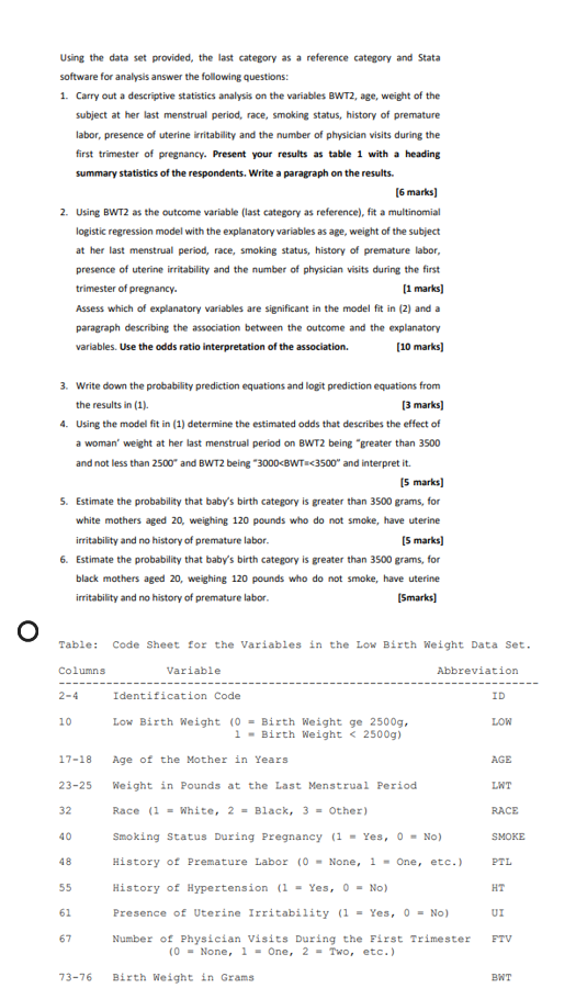 Using the data set provided, the last category as a | Chegg.com