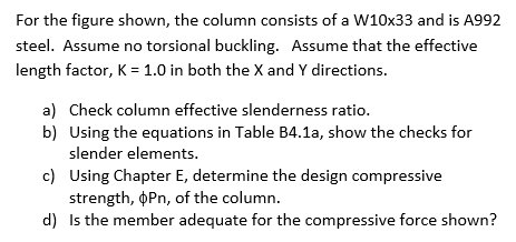 Solved For the figure shown, the column consists of a W10x33 | Chegg.com