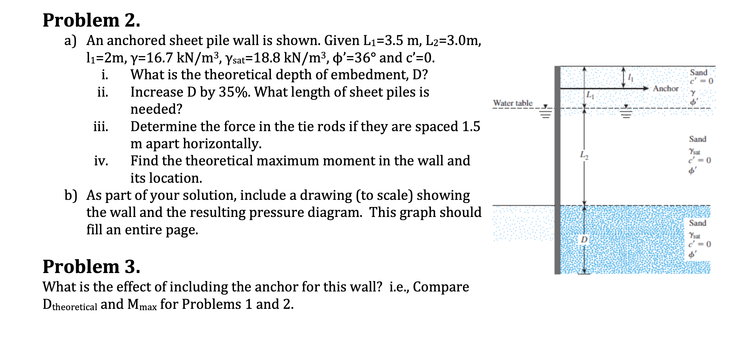 [Solved]: Problem 2. a) An anchored sheet pile wall is show