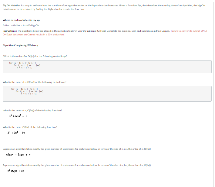 Solved Big Oh Notation is a way to estimate how the run time | Chegg.com