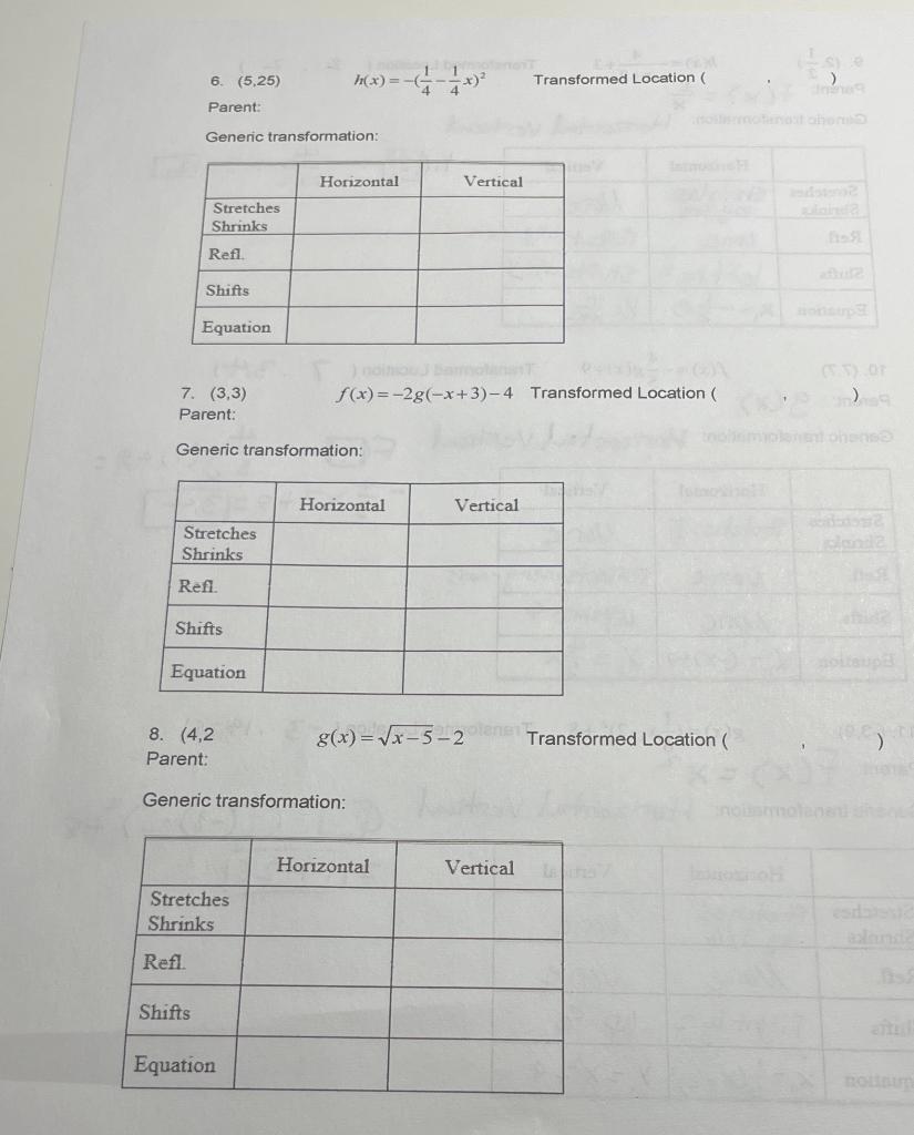Solved h(x) = 6. (5,25) Parent: - ! Transformed Location 4 | Chegg.com