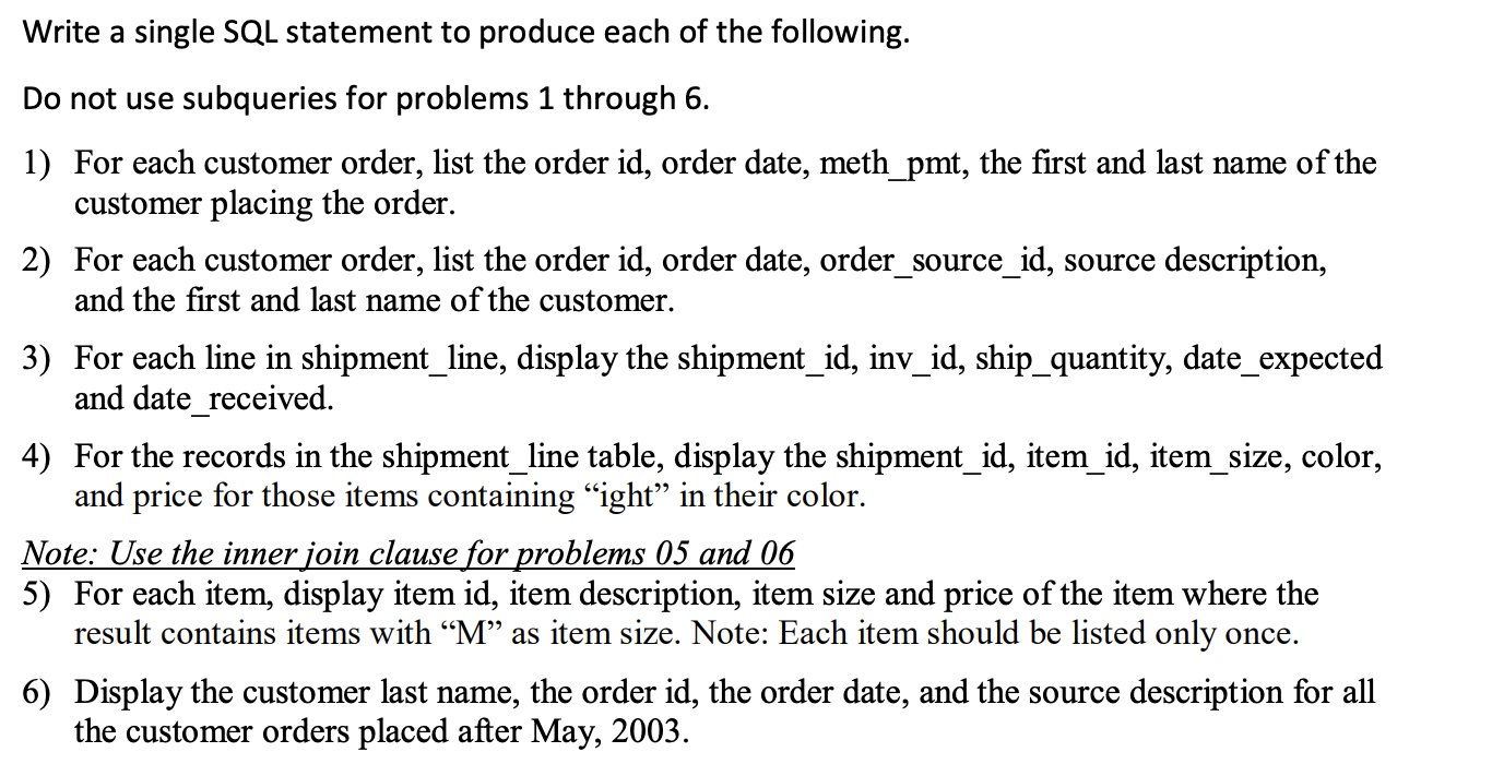 Solved Write a single SQL statement to produce each of the | Chegg.com