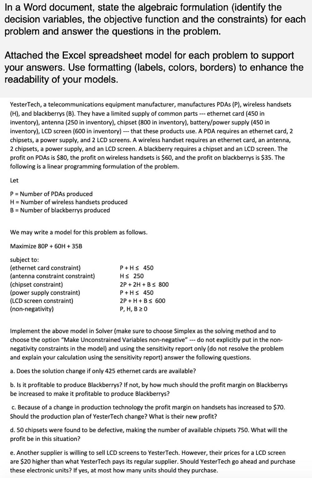 Solved In a Word document, state the algebraic formulation | Chegg.com