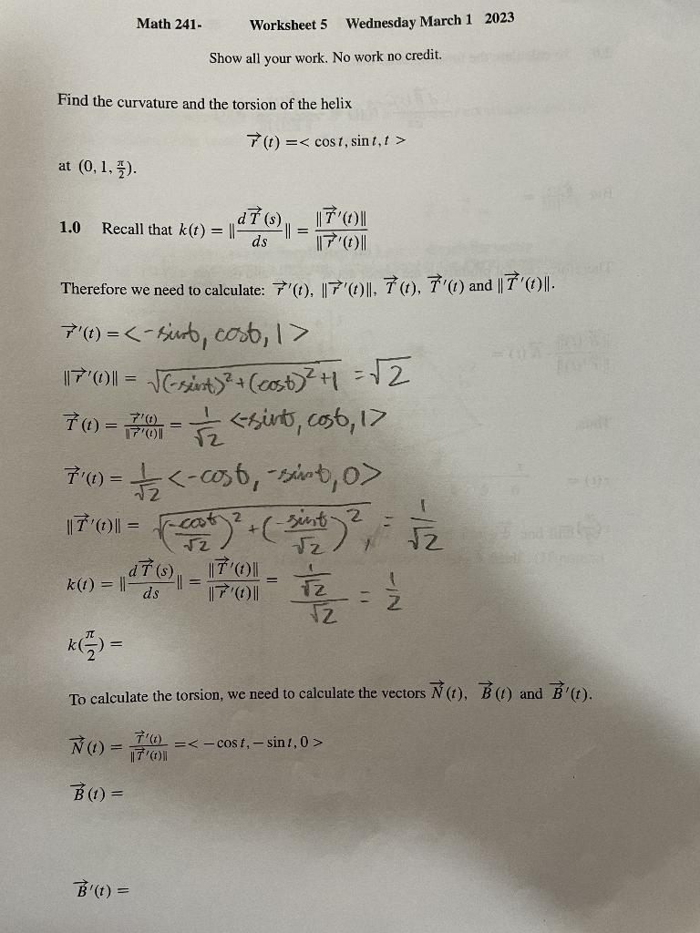 Solved Find the curvature and the torsion of the helix r(t)= | Chegg.com