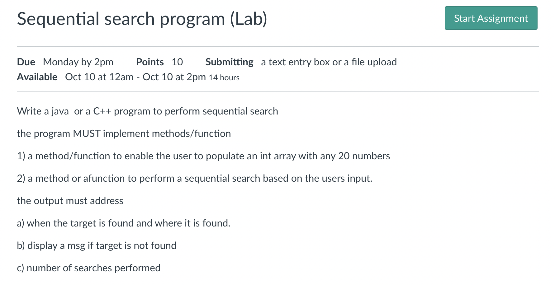 Solved Sequential search program (Lab) Due Monday by 2pm | Chegg.com