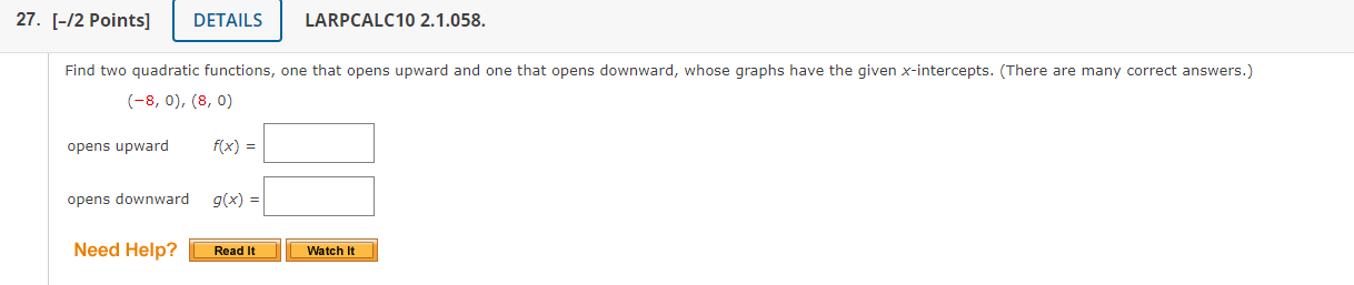 Solved Find two quadratic functions, one that opens upward | Chegg.com