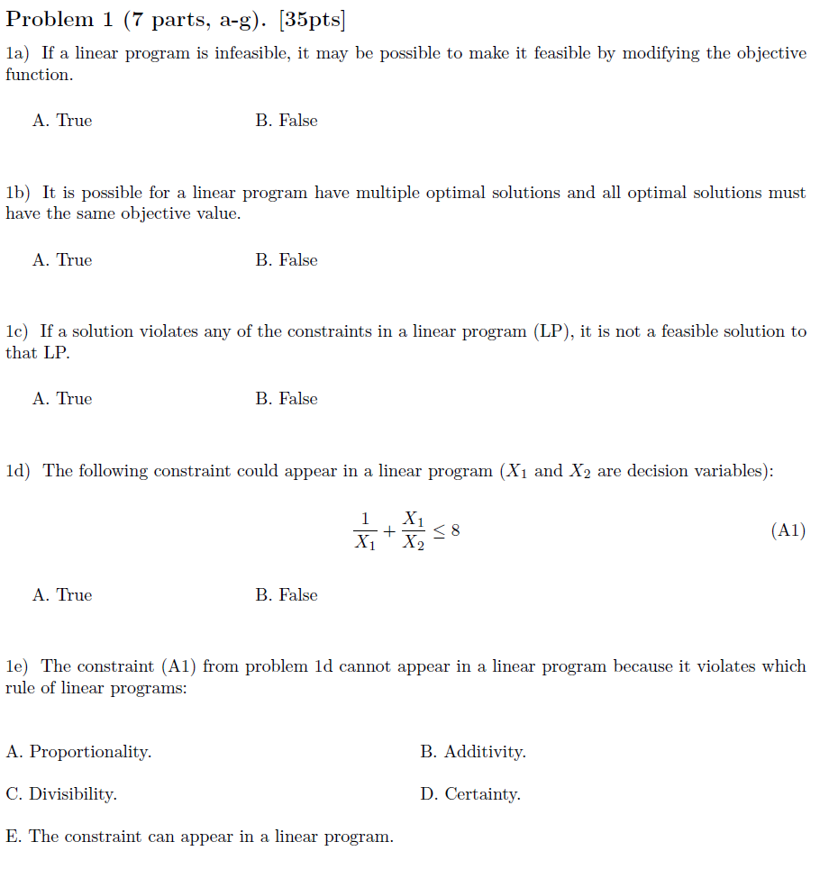 Solved Problem 1 ( 7 parts, a-g). [35pts] 1a) If a linear | Chegg.com