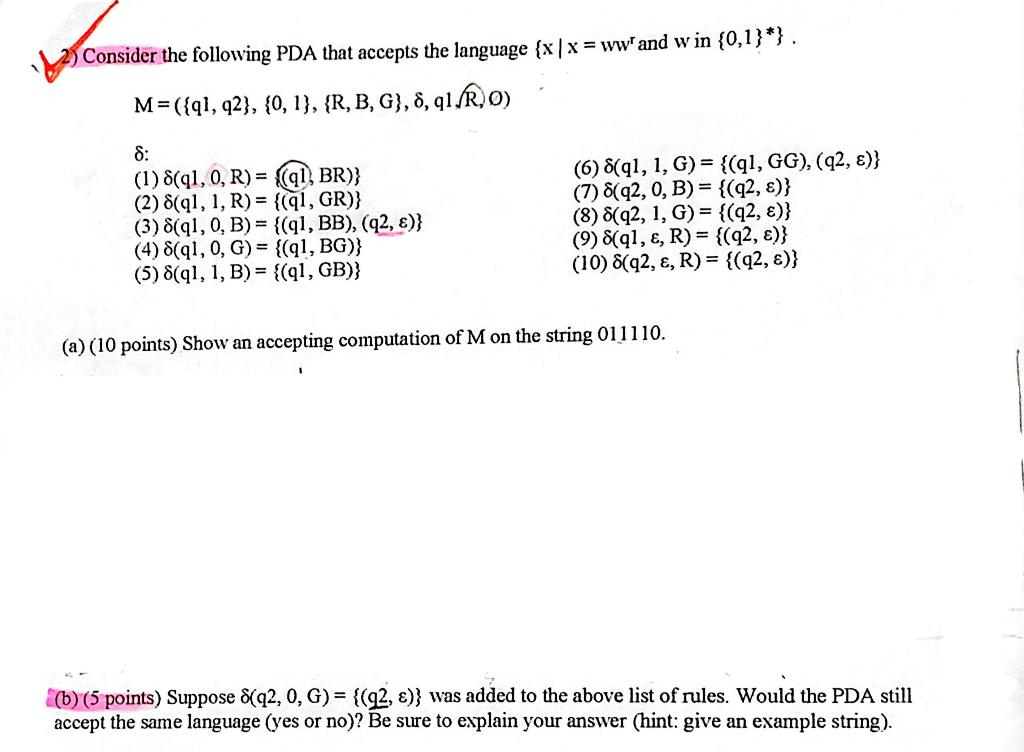 Solved Consider the following PDA that accepts the language | Chegg.com