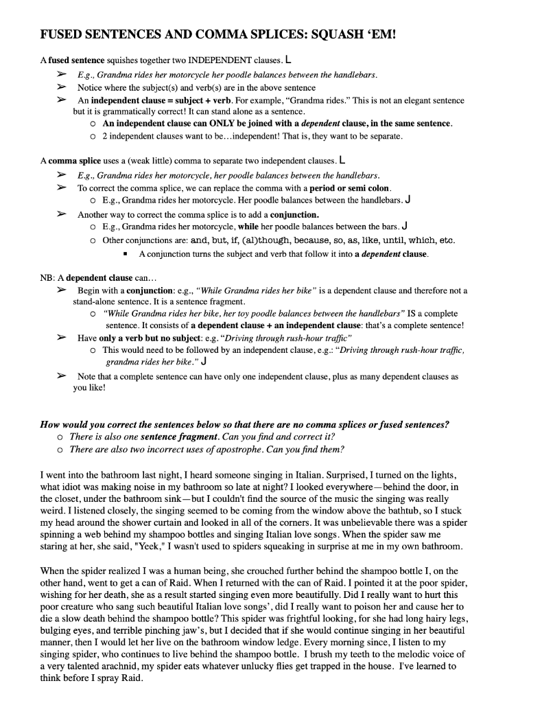 FUSED SENTENCES AND COMMA SPLICES: SQUASH 'EM! A | Chegg.com