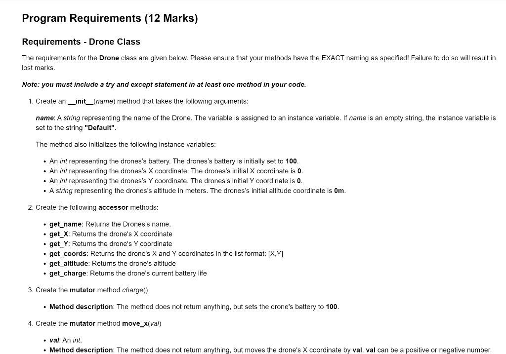 Solved Requirements - Drone Class The requirements for the | Chegg.com