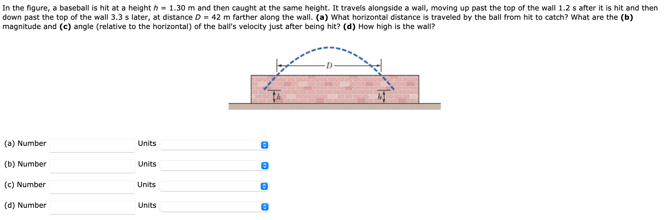 Solved In the figure, a baseball is hit at a height h = 1.30 | Chegg.com