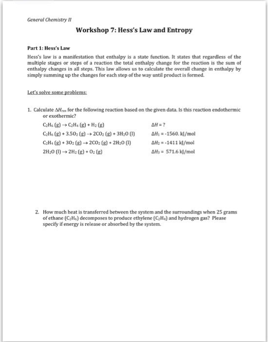 Solved General ChemistryII Workshop 7: Hess's Law and | Chegg.com