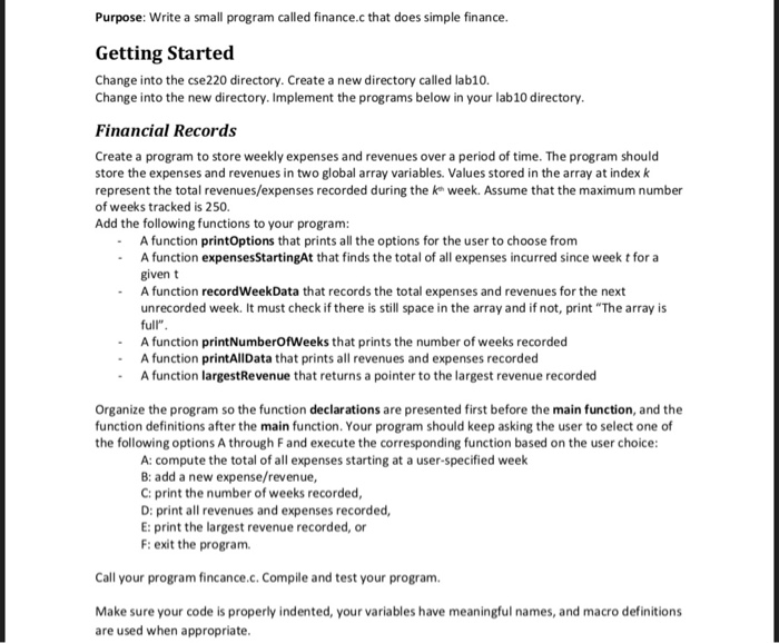 Solved Purpose: Write a small program called finance.c that | Chegg.com