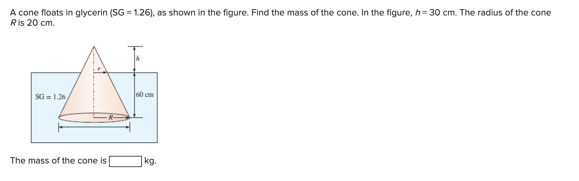 Solved A cone floats in glycerin (SG = 1.26), as shown in | Chegg.com