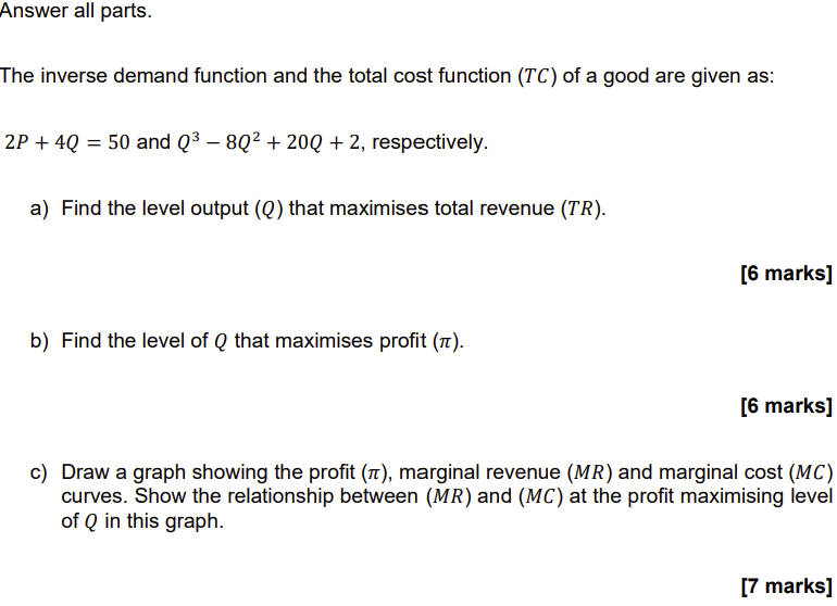Solved Answer all parts. The inverse demand function and the | Chegg.com