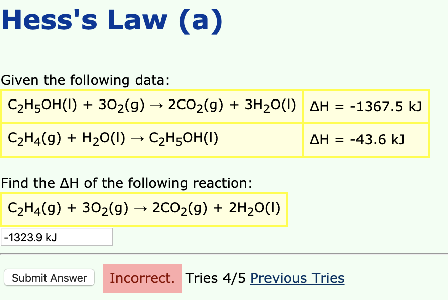 Solved Hess's Law (a) Given the following data: C2H5OH(1) + | Chegg.com