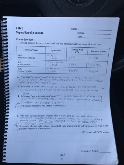 Solved Lab 3 Separation of a Mixture Name Section Prelab | Chegg.com