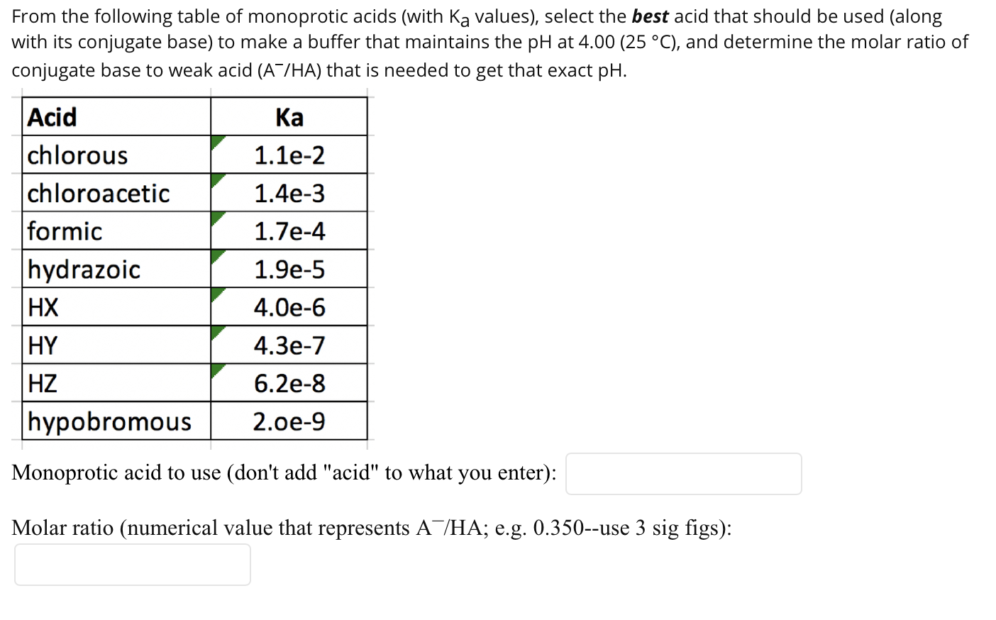 Solved From the following table of monoprotic acids (with Ka | Chegg.com