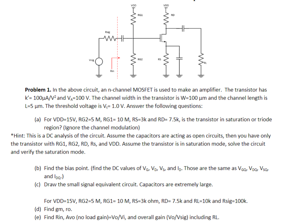 Problem 1. In the above circuit, an n-channel MOSFET | Chegg.com