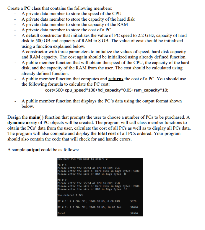Solved Create a PC class that contains the following | Chegg.com