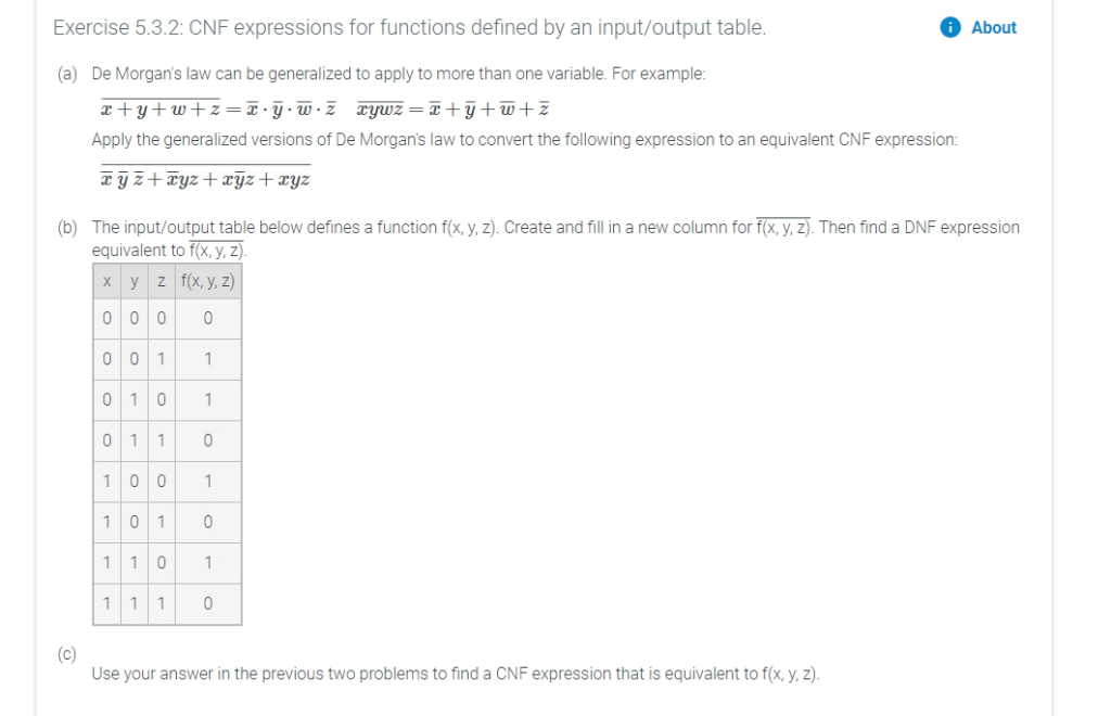 Solved Exercise 5.3.2: CNF expressions for functions defined | Chegg.com