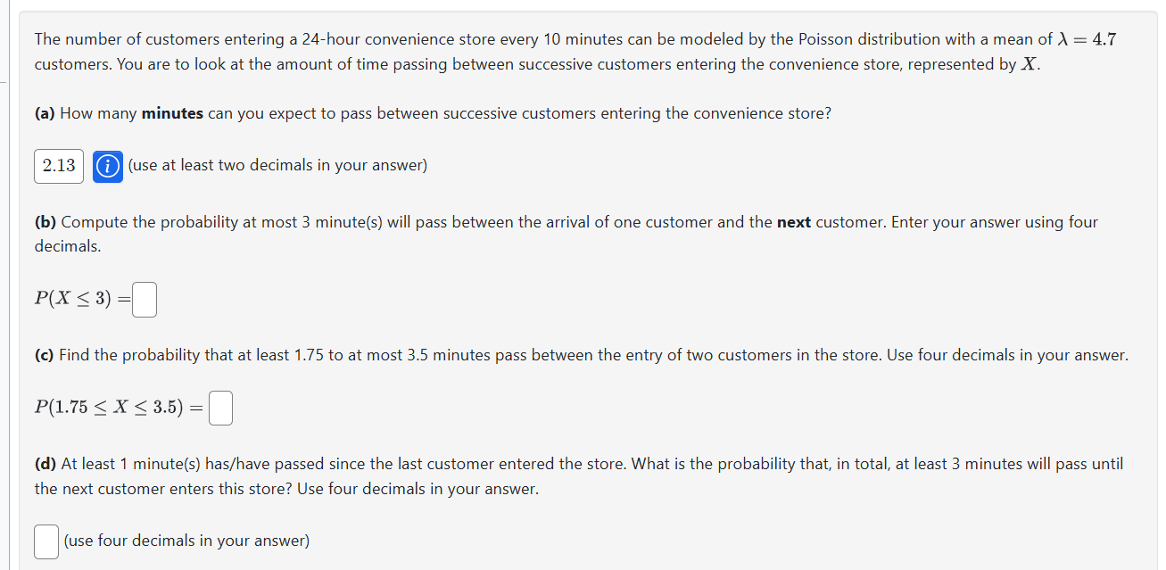 Solved The number of customers entering a 24 -hour | Chegg.com