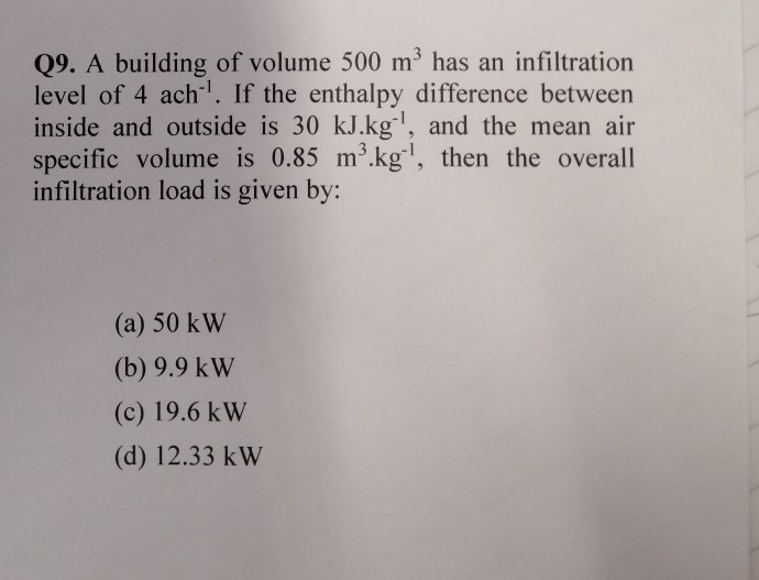 Solved Q9. A building of volume 500 m3 has an infiltration | Chegg.com
