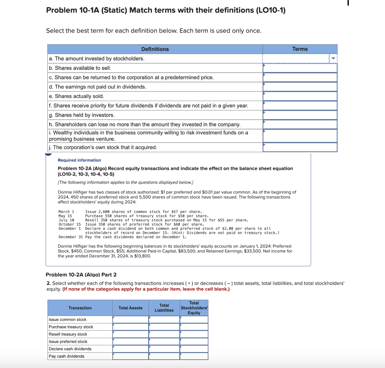 Solved Problem 10-1A (Static) Match terms with their | Chegg.com