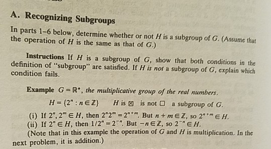 Solved A. Recognizing Subgroups In parts 1-6 below, | Chegg.com