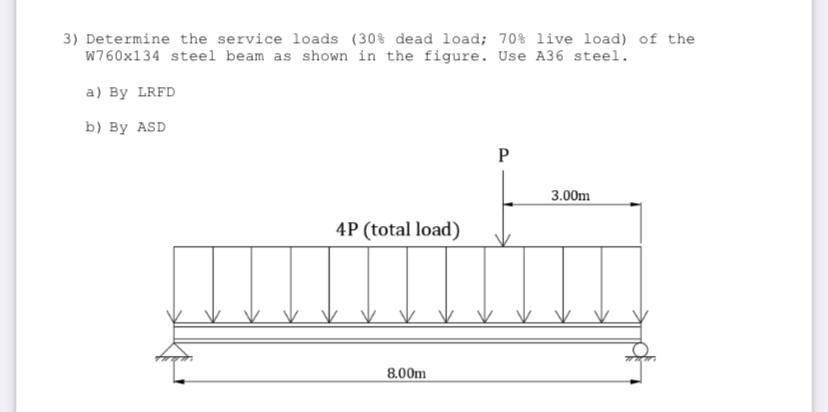 Solved 3) Determine the service loads ( 30% dead load; 70% | Chegg.com