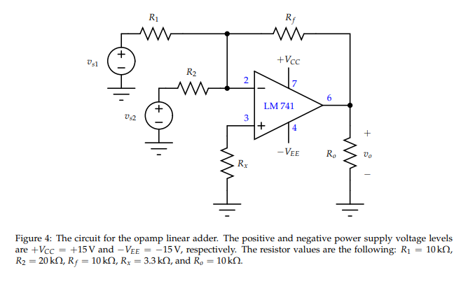 Solved Figure 4: The circuit for the opamp linear adder. The | Chegg.com