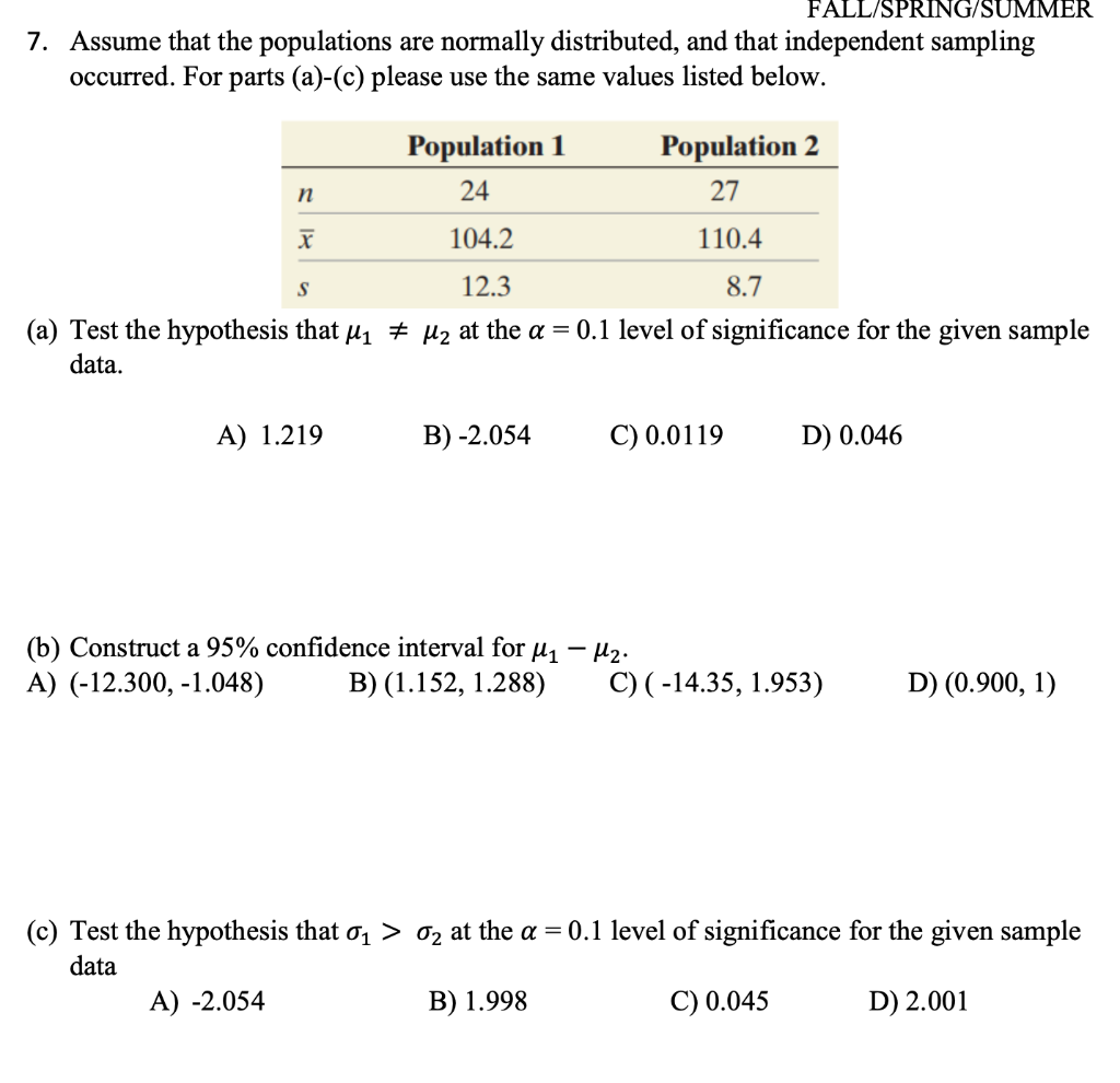 Solved 7. Assume that the populations are normally | Chegg.com