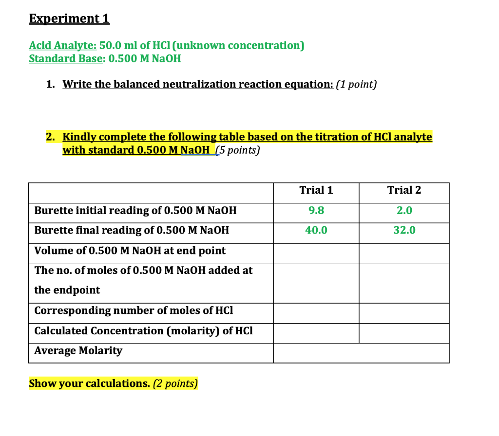 Solved Experiment 1 Acid Analyte: 50.0 ml of HCl (unknown | Chegg.com