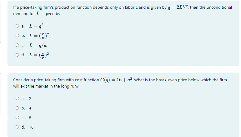 Solved If a price-taking firm's production function depends | Chegg.com