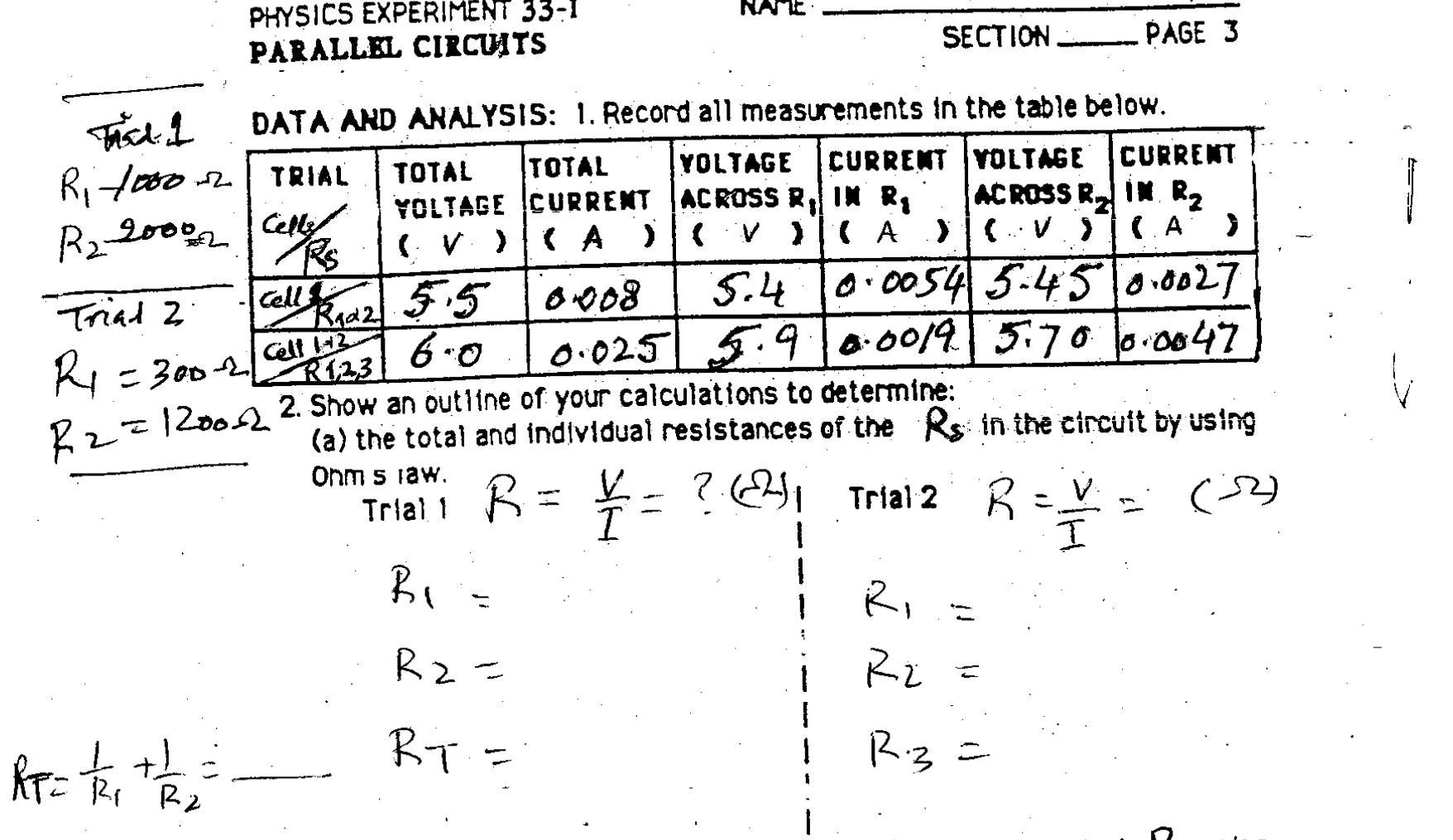 Physics Experiment 33 1 Parallel Circuts Section Page