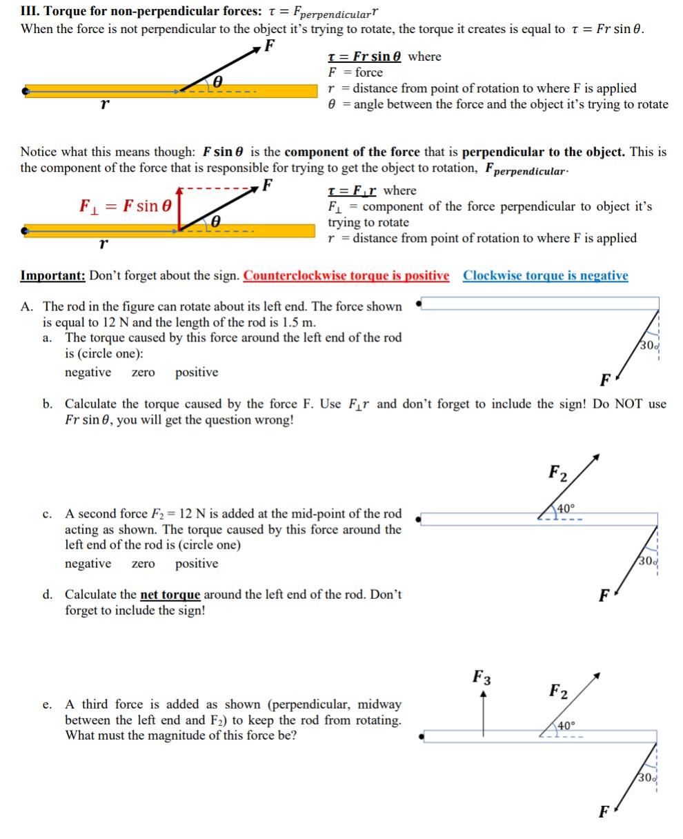 Solved III. Torque for non-perpendicular forces: t = | Chegg.com